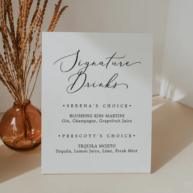 Delicate Black Calligraphy Signature Drinks Pedestal Sign | Zazzle