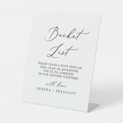 Delicate Black Calligraphy Wedding Bucket List Pedestal Sign | Zazzle