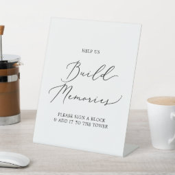 Delicate Black Calligraphy Wedding Build Memories Pedestal Sign | Zazzle