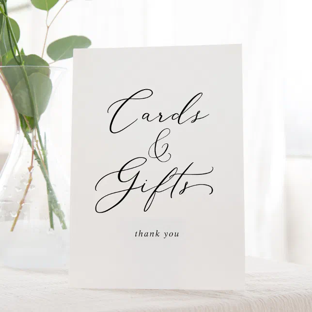 Delicate Black Calligraphy Wedding Cards and Gifts Pedestal Sign | Zazzle
