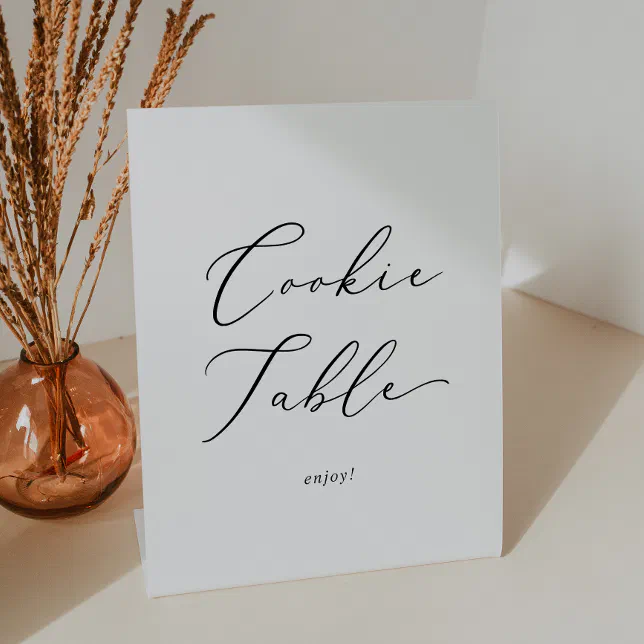 Delicate Black Calligraphy Wedding Cookie Table Pedestal Sign | Zazzle
