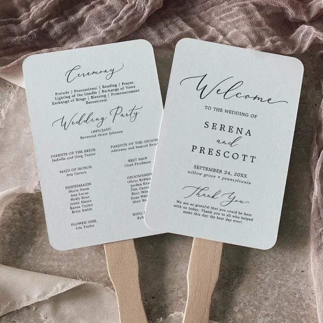 Delicate Black Calligraphy Wedding Party Program Hand Fan | Zazzle