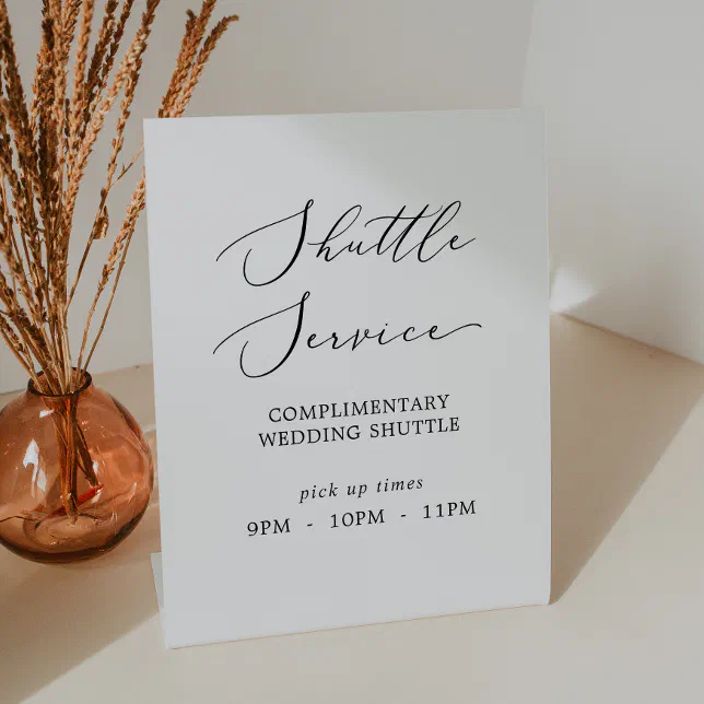 Delicate Black Calligraphy Wedding Shuttle Service Pedestal Sign | Zazzle
