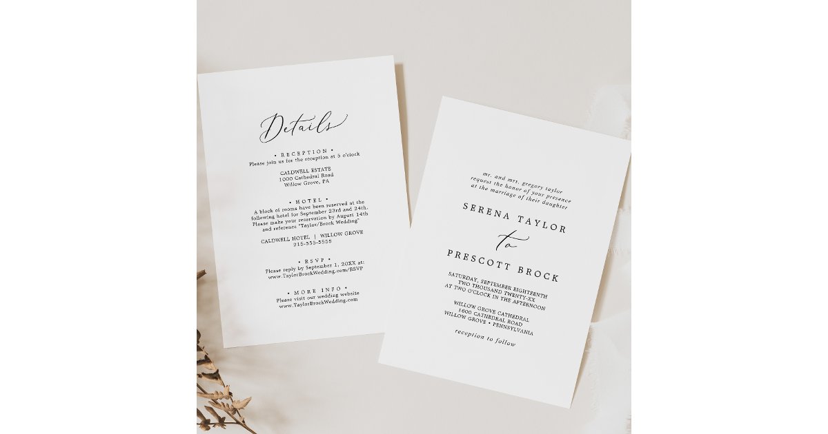 Delicate Black Front and Back Traditional Wedding Invitation | Zazzle