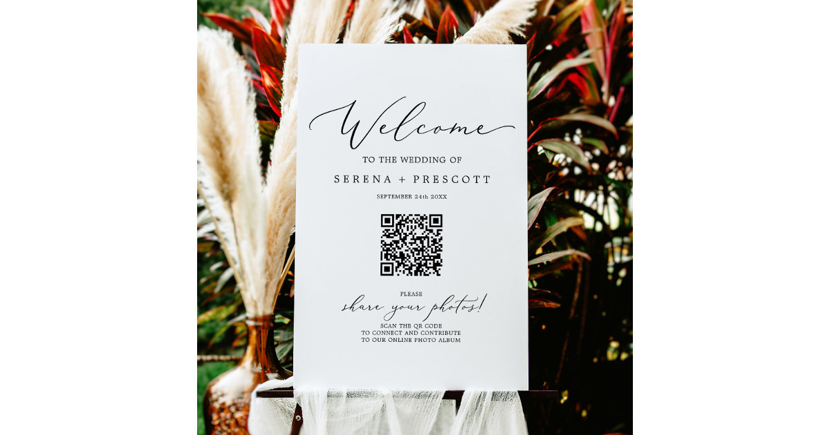 Delicate Black Wedding Photo Album QR Code Welcome Foam Board | Zazzle