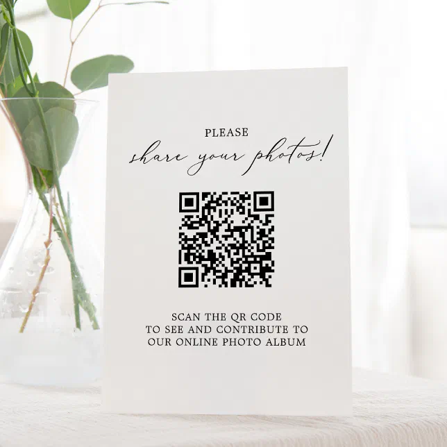 Delicate Black Wedding Photo Sharing QR Code Pedestal Sign | Zazzle