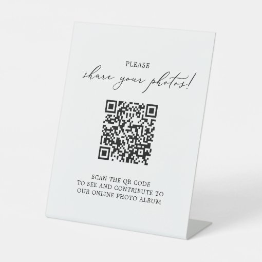 Delicate Black Wedding Photo Sharing QR Code Pedestal Sign | Zazzle