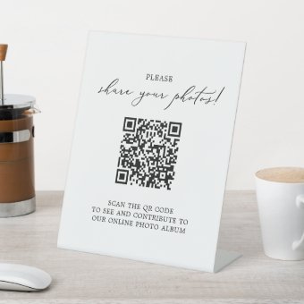 Delicate Black Wedding Photo Sharing QR Code Pedestal Sign | Zazzle