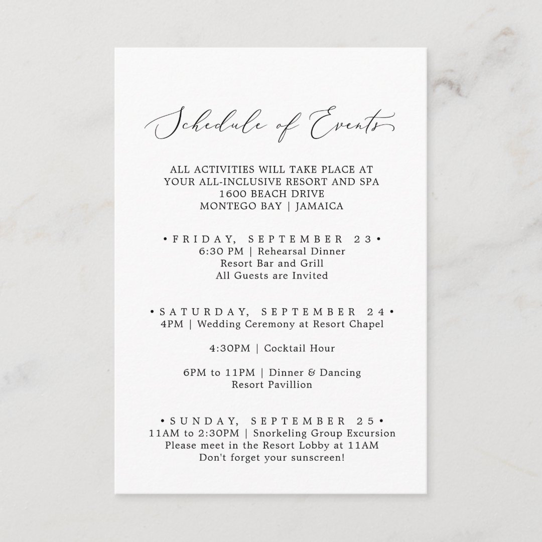 Delicate Black Wedding Weekend Schedule of Events Enclosure Card | Zazzle