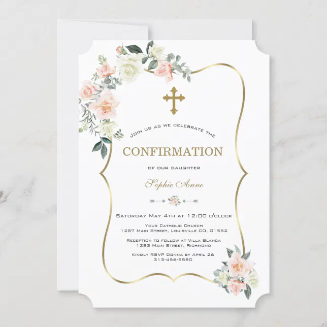 Delicate Blush White Flowers Gold Confirmation Invitation | Zazzle