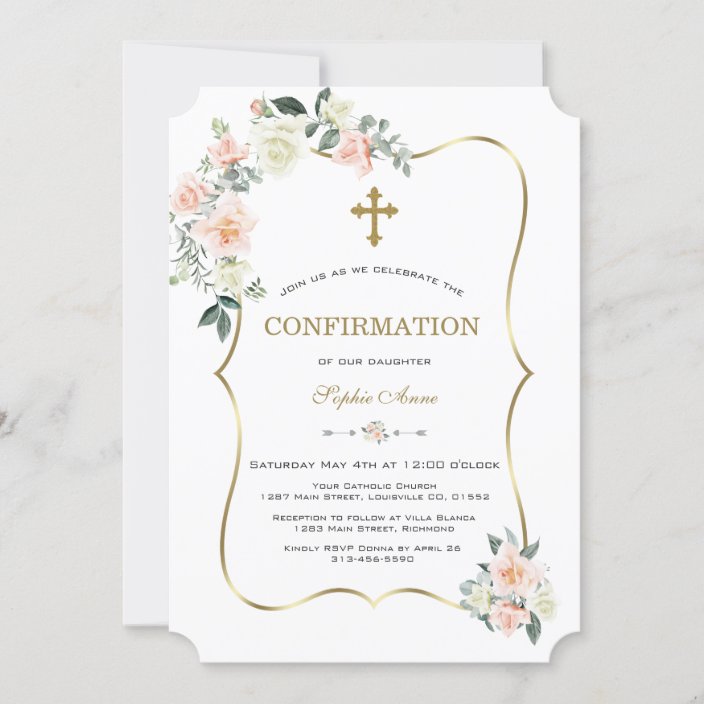 Delicate Blush White Flowers Gold Confirmation Invitation | Zazzle.com