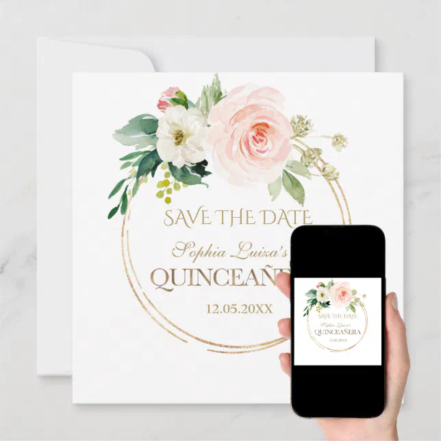 Delicate Blush White Flowers Gold Quinceañera Save The Date | Zazzle