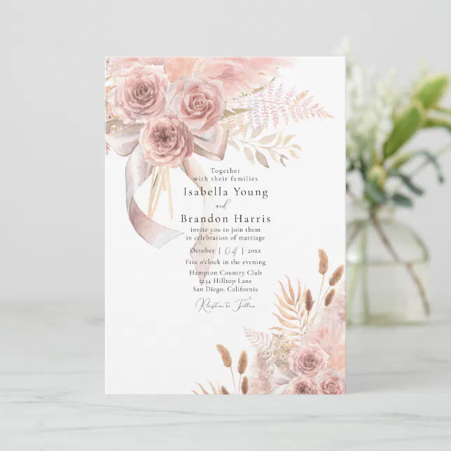 Delicate Bohemian Pink Floral Wedding Invitation | Zazzle