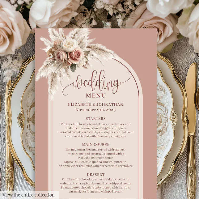 Delicate Boho Dusty Pink Pampas Floral Wedding Menu | Zazzle