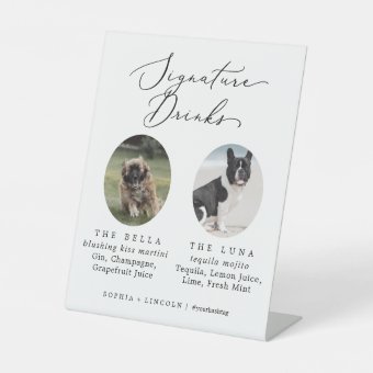 Delicate Calligraphy Dog Photo Signature Drinks Pedestal Sign | Zazzle