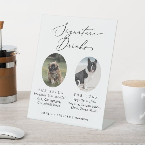 Delicate Calligraphy Dog Photo Signature Drinks Pedestal Sign | Zazzle