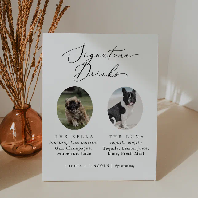 Delicate Calligraphy Dog Photo Signature Drinks Pedestal Sign | Zazzle