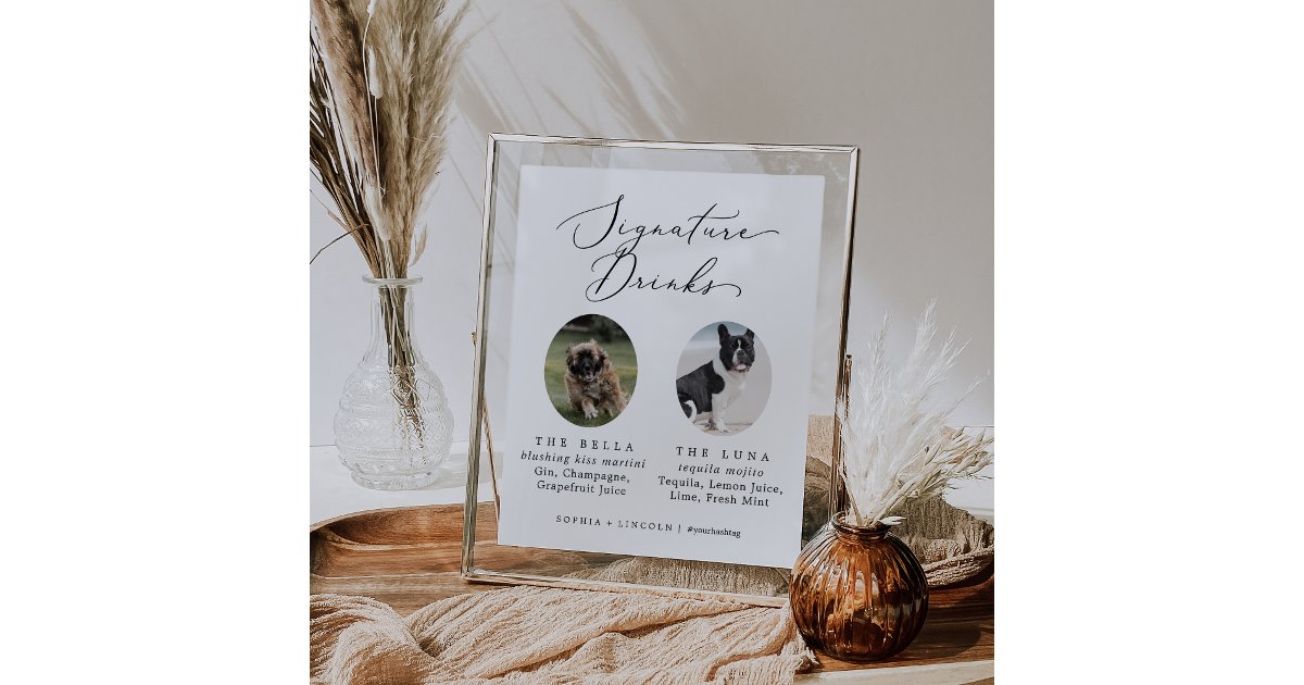 Delicate Calligraphy Dog Photo Signature Drinks Poster | Zazzle