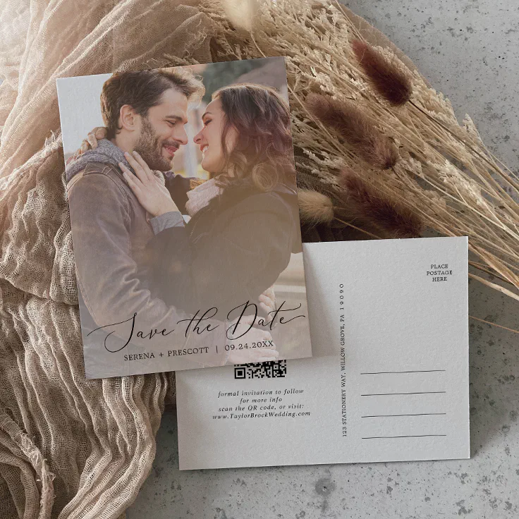 Delicate Calligraphy Photo QR Code Save the Date Invitation Postcard ...