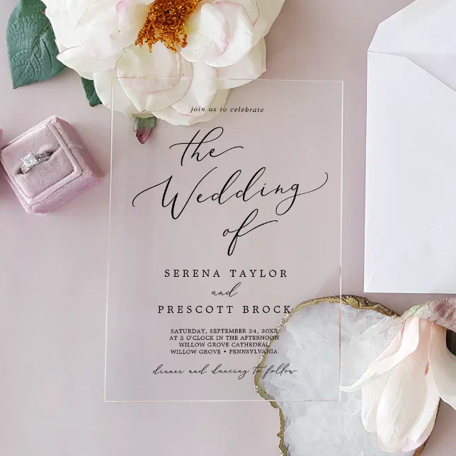 Delicate Calligraphy Simple Modern Classic Wedding Acrylic Invitations ...
