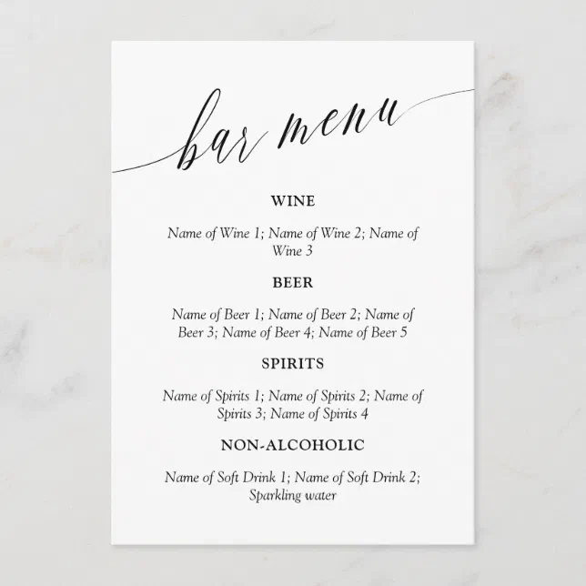 Delicate Calligraphy Wedding Bar Menu | Zazzle