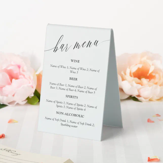 Delicate Calligraphy Wedding Bar Menu Table Tent Sign | Zazzle
