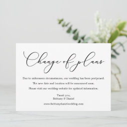 Delicate Calligraphy Wedding Change Of Plans Card | Zazzle