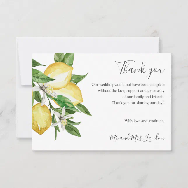 Delicate Citrus and leaves green Wedding thank you | Zazzle