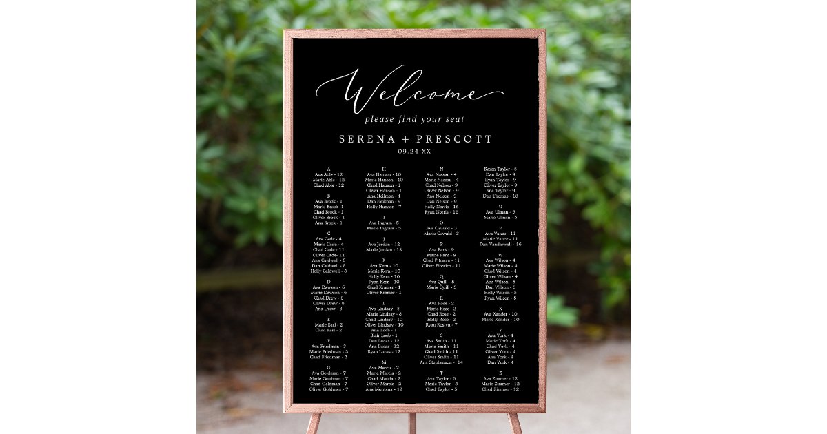 Delicate Dark Black Printable Seating Chart Poster | Zazzle