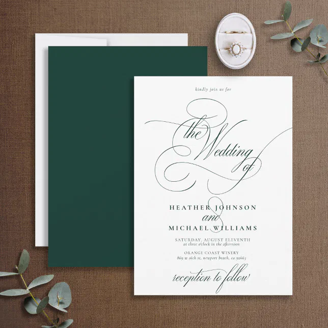 Delicate Emerald Green Modern Calligraphy Classic Invitation | Zazzle