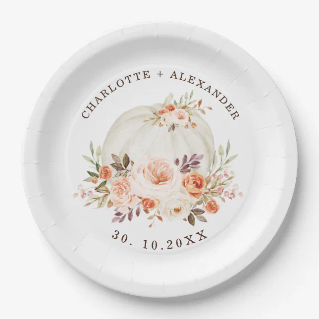 Delicate Fall Autumn Floral White Pumpkin Wedding Paper Plates | Zazzle