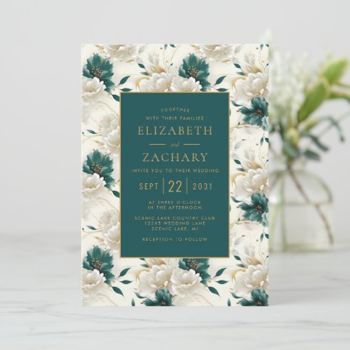 Delicate Floral Ivory Teal Gold Wedding Invitation | Zazzle