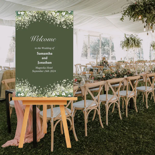 Delicate Floral Olive Green Wedding Welcome Sign | Zazzle