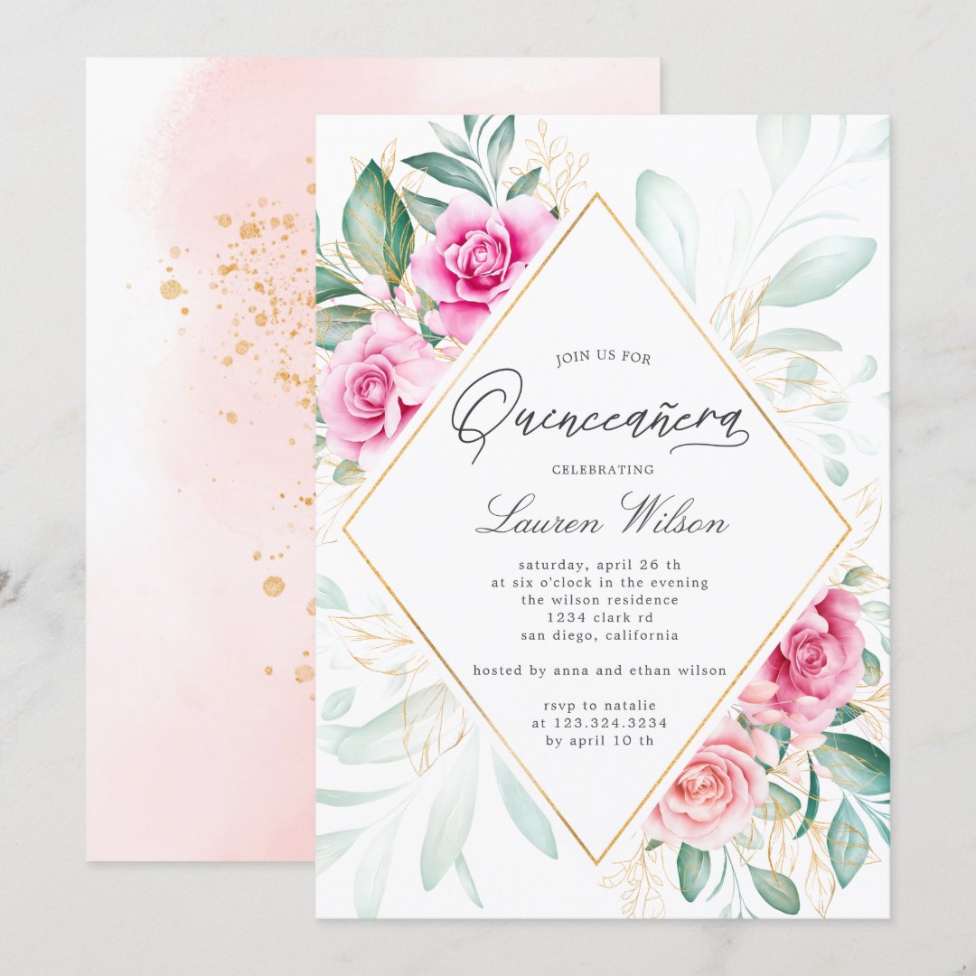 delicate garden floral pink roses Quinceanera Invitation | Zazzle