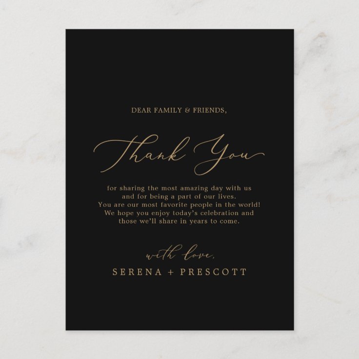 Delicate Gold and Black Thank You Reception Card | Zazzle