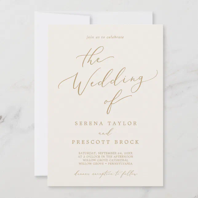 Delicate Gold and Cream Dinner Reception Wedding Invitation | Zazzle