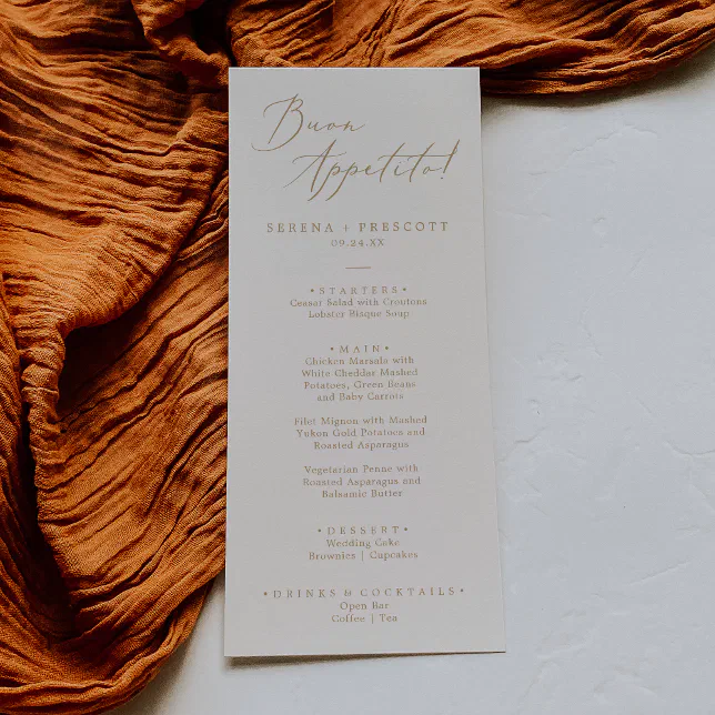 Delicate Gold Calligraphy Cream Buon Appetito Menu | Zazzle