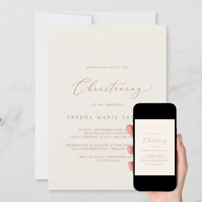 Delicate Gold Calligraphy | Cream Christening Invitation | Zazzle
