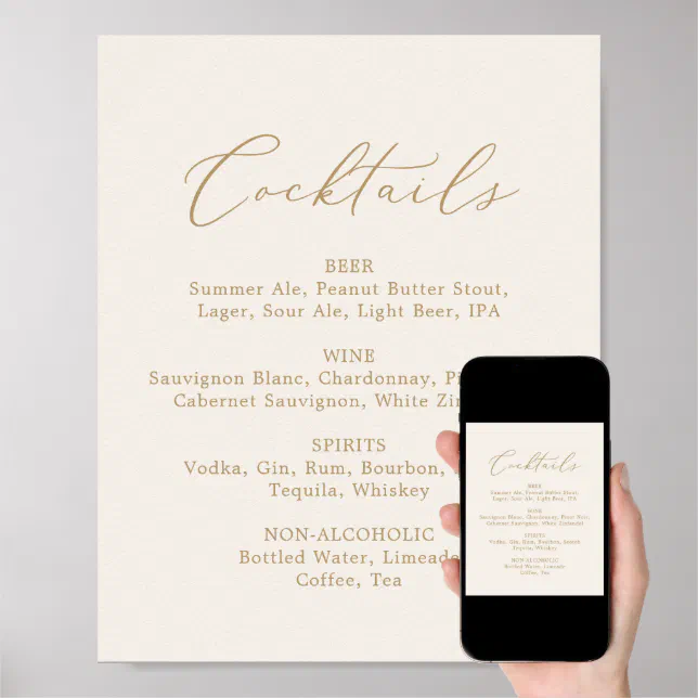 Delicate Gold Calligraphy Cream Cocktails Menu Poster | Zazzle