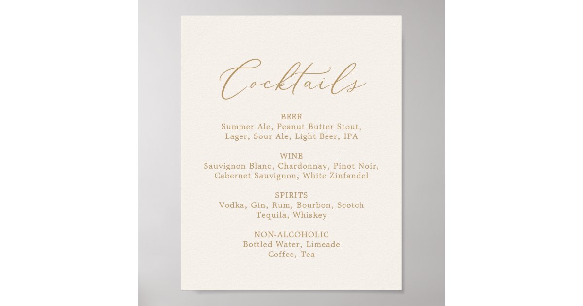Delicate Gold Calligraphy Cream Cocktails Menu Poster | Zazzle
