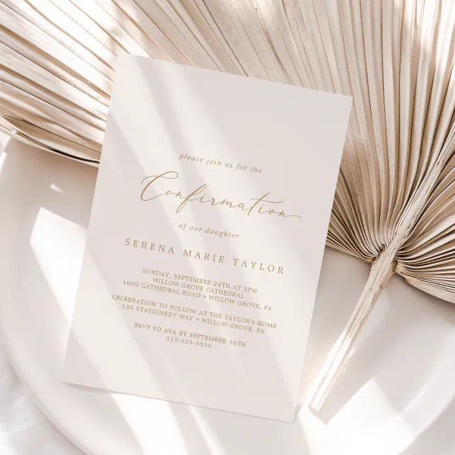 Delicate Gold Calligraphy | Cream Confirmation Invitation | Zazzle