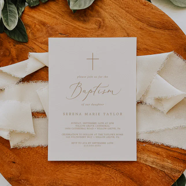 Delicate Gold Calligraphy Cream Cross Baptism Invitation | Zazzle