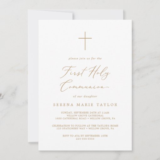 Delicate Gold Calligraphy First Holy Communion Invitation | Zazzle