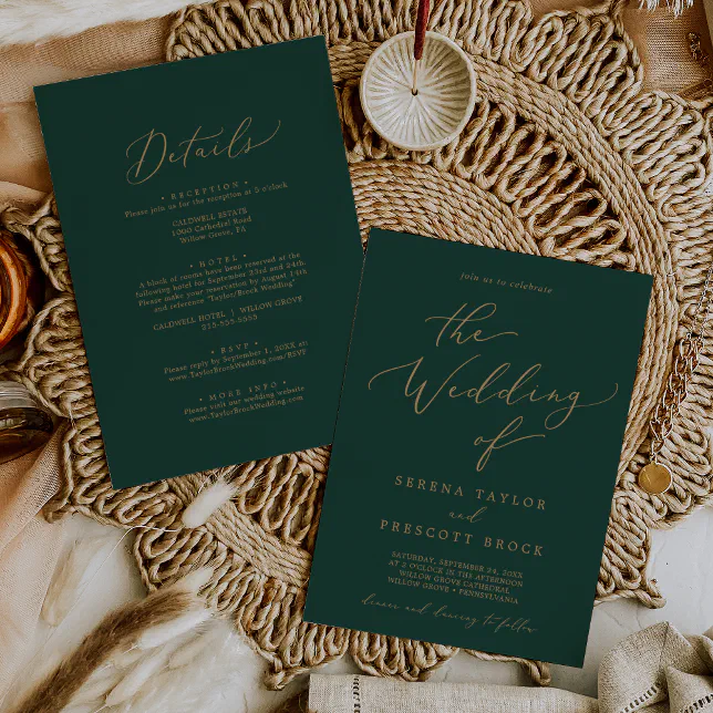 Delicate Gold Calligraphy Green All In One Wedding Invitation | Zazzle