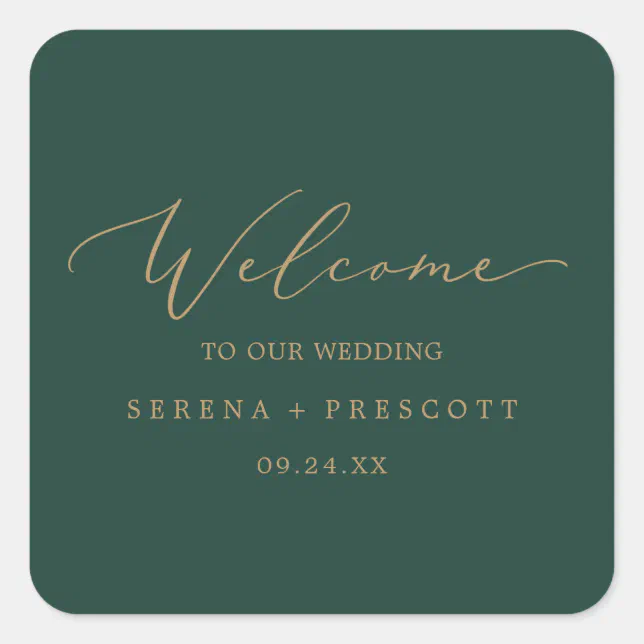 Delicate Gold Calligraphy | Green Wedding Welcome Square Sticker | Zazzle