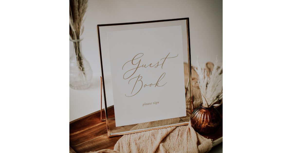 Delicate Gold Calligraphy Guest Book Sign | Zazzle