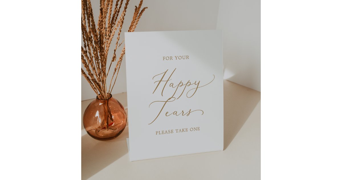 Delicate Gold Calligraphy Happy Tears Tissue Pedestal Sign | Zazzle
