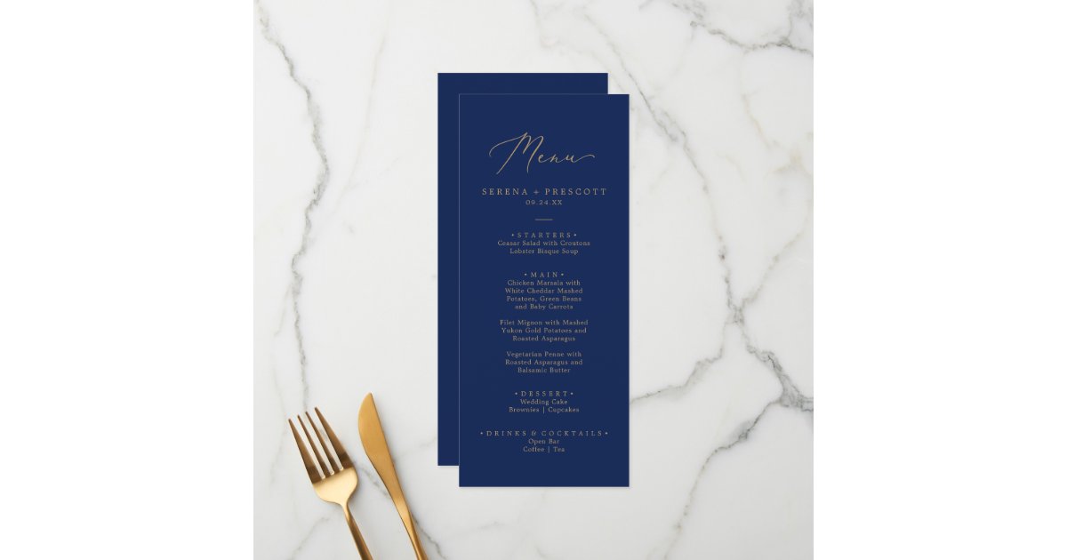 Delicate Gold Calligraphy Navy Wedding Dinner Menu | Zazzle