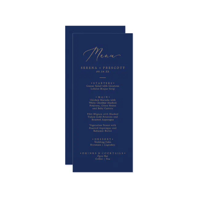 Delicate Gold Calligraphy Navy Wedding Dinner Menu | Zazzle