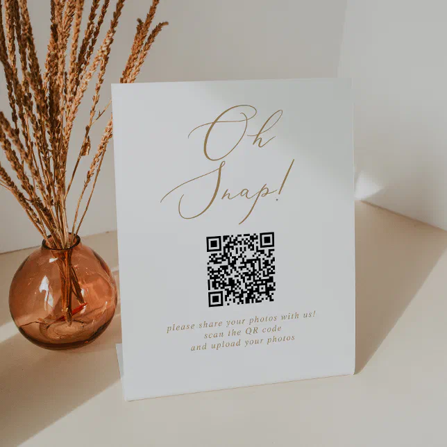 Delicate Gold Calligraphy Oh Snap QR Code Wedding Pedestal Sign | Zazzle